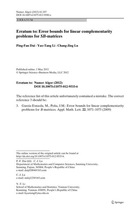 Pdf Erratum To Error Bounds For Linear Complementarity Problems For