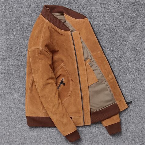 Коричневая куртка Авиатор из натуральной коровьей замши Осенняя натуральная яловая кожа