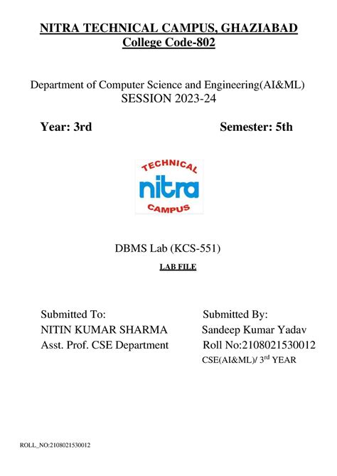 Dbms Lab File Aktu College Code 802 Department Of Computer Science