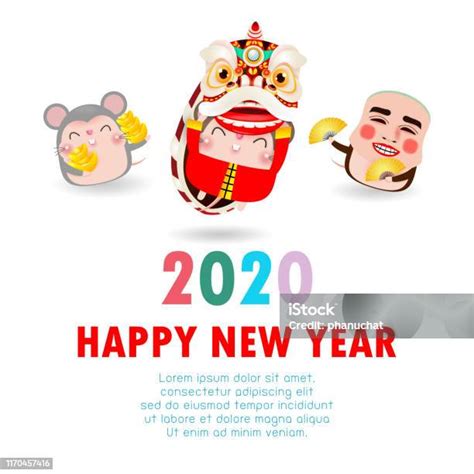 쥐 폭죽 사자 댄스 남자와 쥐 조디악 포스터 디자인의 해피 중국 새해 2020 미소 마스크 인사말 카드 붉은 색 흰색 배경에