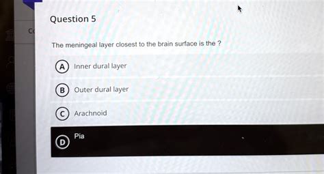 Question 5 The Meningeal Layer Closest To The Brain Surface Is The A Inner Dural Layer B Outer