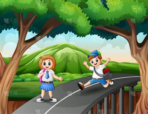 女孩 幸福 男孩 曲线组合 沥青 公路 草 春天 儿童 植物