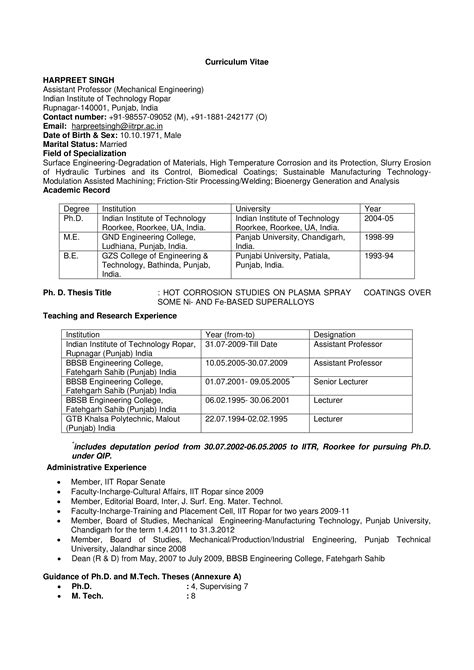 Engineering Faculty Resume Sample India Singh Ctr Optimization