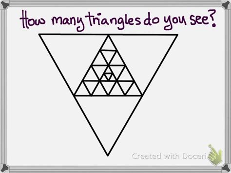 a triangle with the words how many triangles do you see? written in purple ink