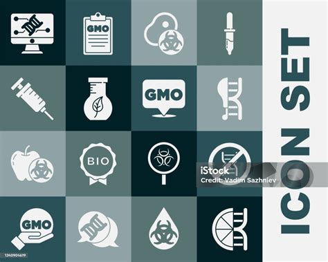 유전자 변형 오렌지 중지 Gmo 닭고기 고기 테스트 튜브 및 플라스크 주사기 엔지니어링 수정 및 아이콘을 설정합니다 벡터 0명에 대한 스톡 벡터 아트 및 기타 이미지