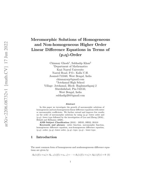 Pdf Meromorphic Solutions Of Homogeneous And Non Homogeneous Higher Order Linear Difference