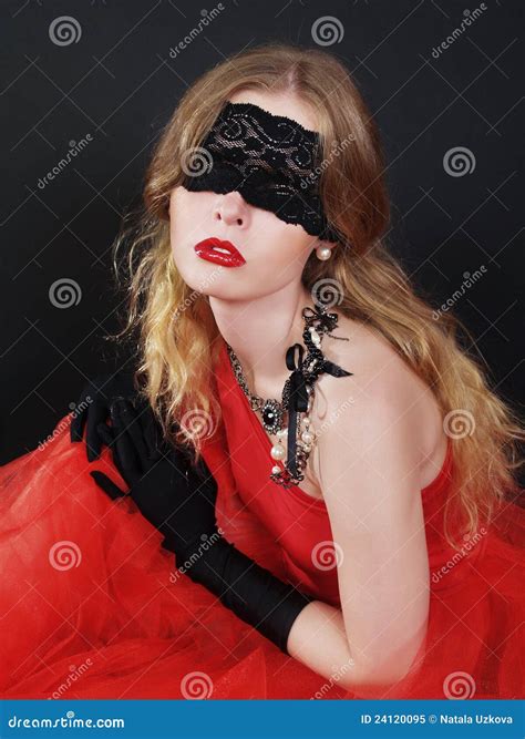 Portrait Of A Woman With Covered Eyes In Red Dress Stock Image Image