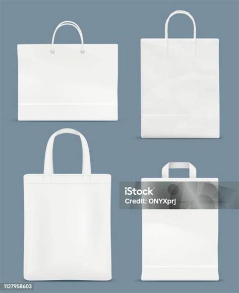쇼핑백 이랑입니다 종이 핸들 플라스틱 종이 가방 벡터 현실적인 빈 서식 파일 격리 직물에 대한 스톡 벡터 아트 및 기타 이미지