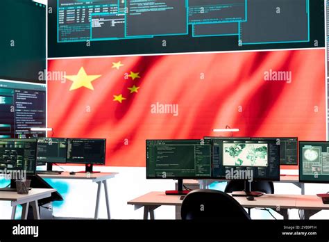 Empty Governmental Hacking Room With Chinese Flag On A Big Screen Cyberwarfare And