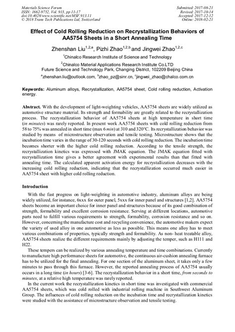 Effect Of Cold Rolling Reduction On Recrystallization Behaviors Of Aa5754 Sheets In A Short