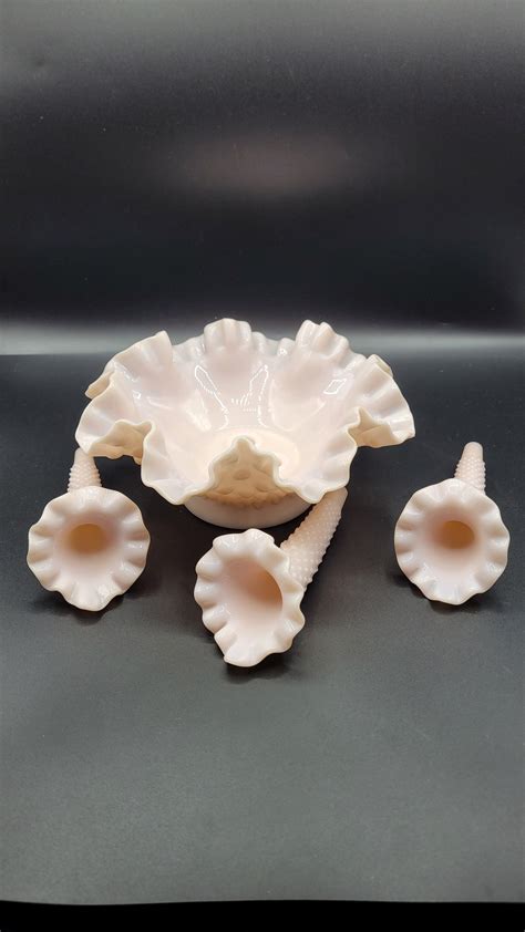 Vintage Fenton Pink Hobnail Milk Glass Epergne Mini 3 Horns Pastel