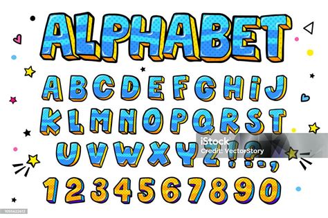 만화 복고풍 문자 집합입니다 알파벳 글자와 만화 팝 아트의 스타일에 숫자 숫자에 대한 스톡 벡터 아트 및 기타 이미지 숫자 대중 음악가 교육 Istock