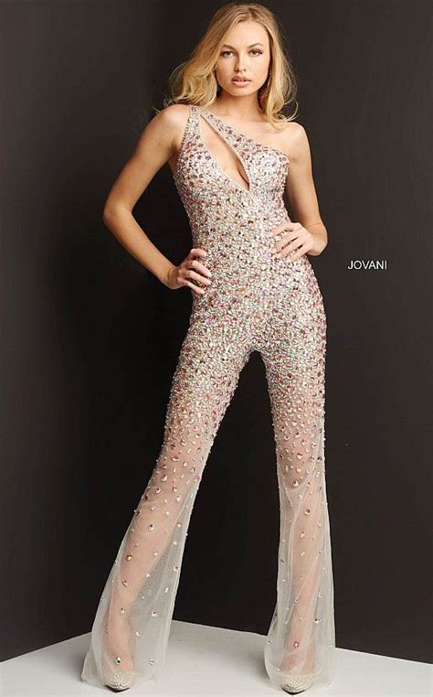 Jovani 07079 Off White One Shoulder Illusion Jumpsuit