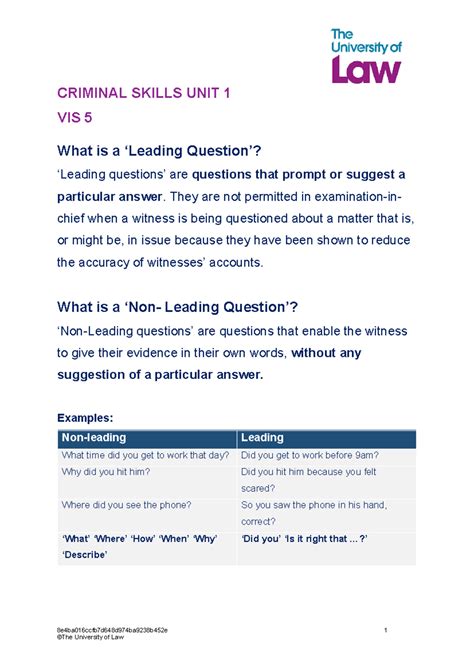 Leading V Non Leading Questions Criminal Skills Unit 1 Vis 5 What Is