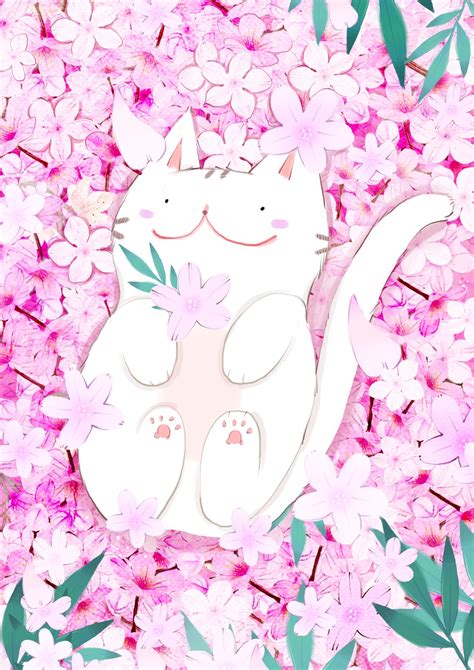 꽃과 고양이 그래픽 디자인 일러스트레이션 그림 일러스트레이션 영감을 주는 예술