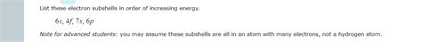 Solved List These Electron Subshells In Order Of Increasing Chegg Com