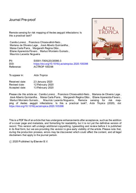 Pdf Remote Sensing For Risk Mapping Of Aedes Aegypti Infestations Is This A Practical Task