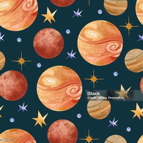 暗い背景に火星の惑星と星の水彩シームレスなパターン イラストレーションのベクターアート素材や画像を多数ご用意 イラストレーション