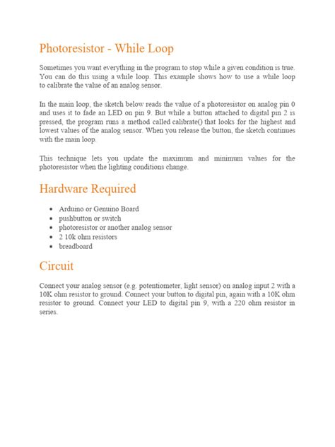 11c Photoresistor While Loop Interation Pdf Arduino Electronic
