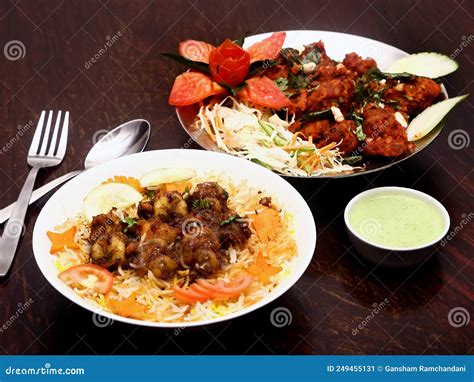 Hyderabadi Cuisine Prawns Biryani Dahi Ki Chutney Prawn 65 Stock Image