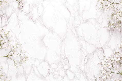 Floral Frame Of White Flowers On Marble Table Top View And Flat Lay