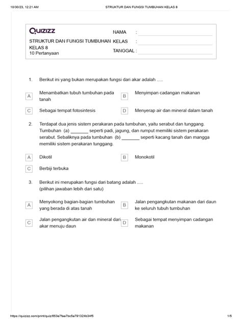 Soal Struktur Dan Fungsi Tumbuhan Kelas 8 Pdf