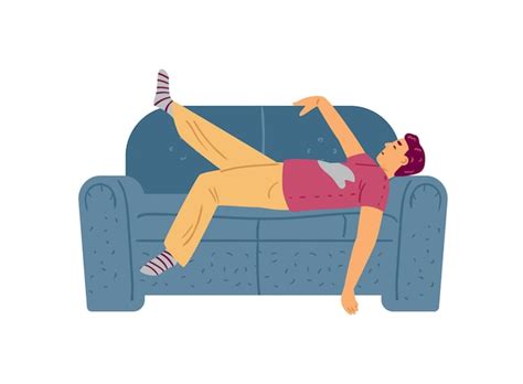 흰색에 고립 된 소파 평면 벡터 일러스트 레이 션에서 자고 게으른 또는 묶여 남자 프리미엄 벡터