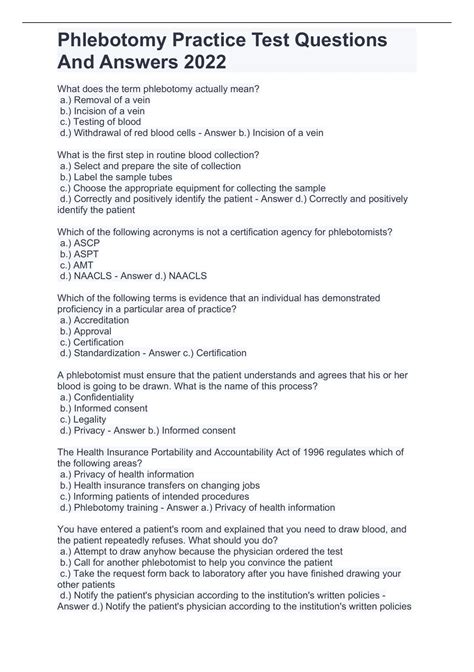 Phlebotomy Practice Test Questions And Answers 2022 Phlebotomy Stuvia Us