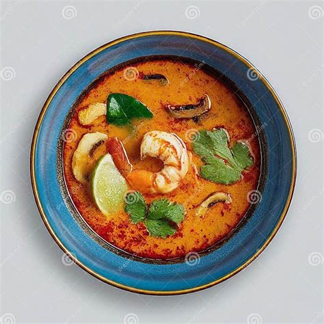 Traditional Thai Tom Yum Soup Served In A Rustic Ceramic Bowl With