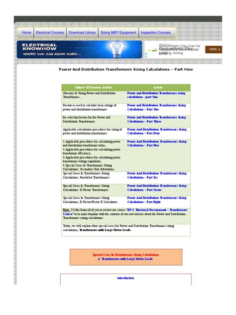 Power And Distribution Transformers Sizing Calculations Part Nine
