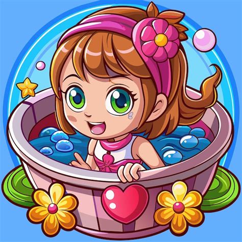 Una Chica En Una Bañera Con Flores Y Un Corazón En El Medio Vector