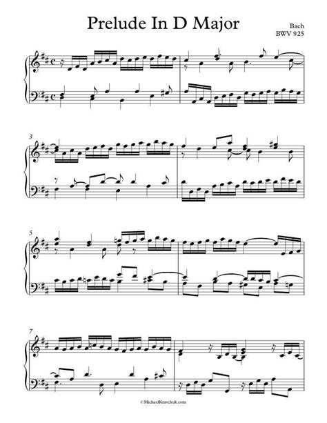 Free Piano Sheet Music Prelude In D Major Bwv 925 Bach Michael