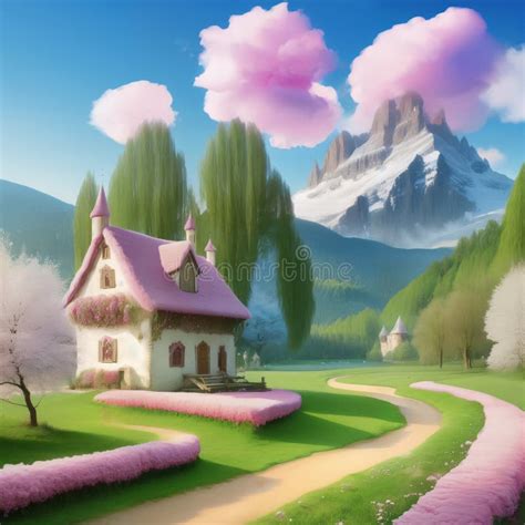 A Dreamy Candy Floss Tale Landscape Of Vibrant Colors And Shapes Stock Illustration