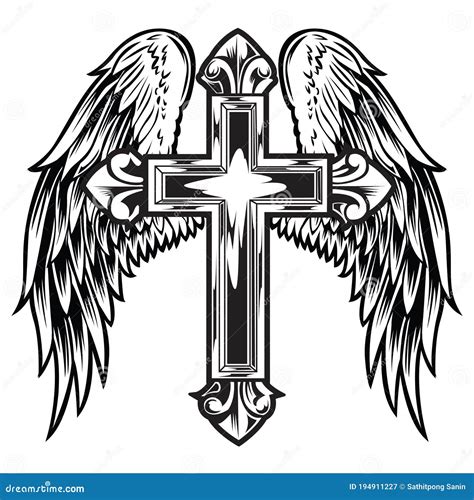 Christian Cross Wing Vector Drawing Blak Illustration Stock Vector