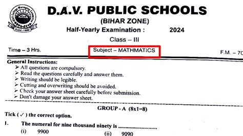 Class 3 Maths Half Yearly Exam Question Paper Dav Class 3 Question