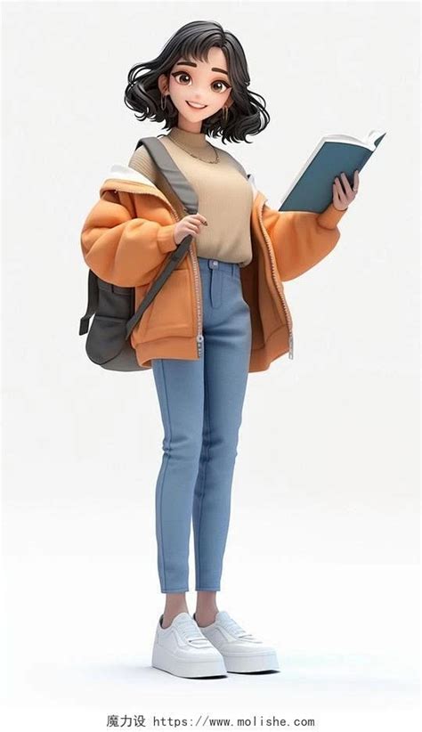 拿着课本背着书包的女孩学生职业女性3d人物ai插画 花瓣网