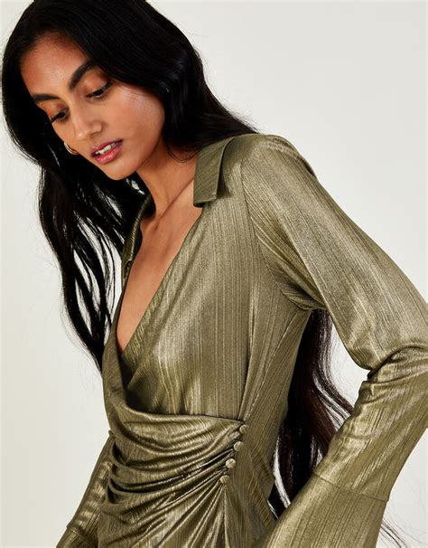 Angela Foil Wrap Blouse Gold