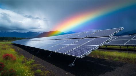 Premium Ai Image Rainy Day Rainbow And Solar Panels In Field