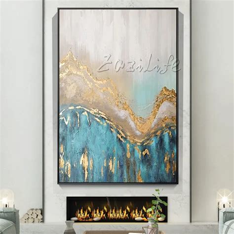 현대 추상 블루 골드 유화 아크릴 벽 아트 그림 캔버스 회화 거실 홈 Quadros Caudros Decoracion그림 And 서예 Aliexpress