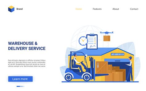 창고 배달 물류 서비스 벡터 일러스트레이션 창고 보관 근처 로더를 사용하여 작업자 로딩 상자를 가진 창고 비즈니스 회사를위한 만화 플랫 웹 사이트 인터페이스 디자인