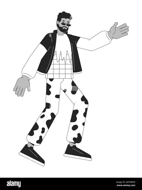Dancing African American Man Black And White 2d Line Cartoon Character