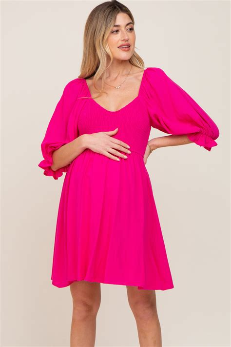 Fuchsia Smocked Puff Sleeve Maternity Dress Pinkblush