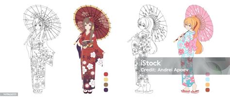 일본 기모노를 입은 애니메이션 만화 소녀 색칠 공부를 위한 윤곽선 벡터 일러스트레이션 단색 및 컬러 버전 기모노에 대한 스톡