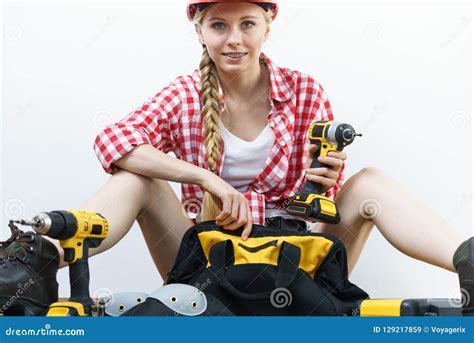 Woman Constructive Worker With Tool Bag Stock Image Image Of Toolbag