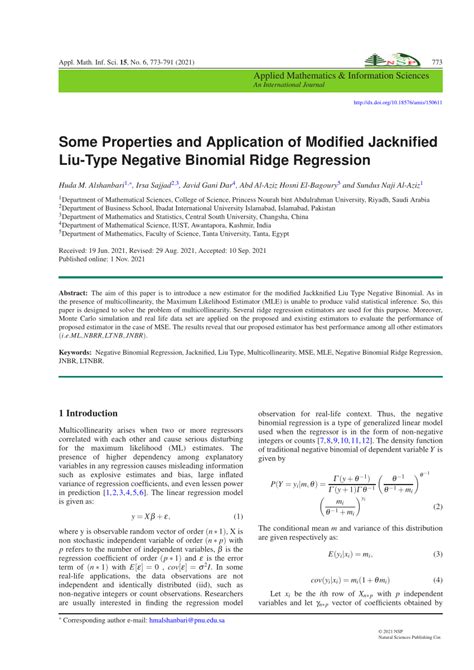 Pdf Some Properties And Application Of Modified Jacknified Liu Type Negative Binomial Ridge