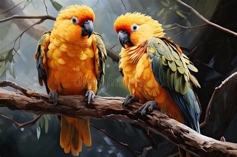 Couple Of Colorful Macaw Parrots Sitting On A Tree Branch Generative Ai