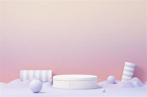 제품 프레젠테이션 및 광고를 위한 2022년 디자인의 베리 페리 색상이 있는 뷰티 연단의 3d 렌더링 최소한의 파스텔 하늘과 꿈꾸는 땅 장면 로맨스 개념입니다