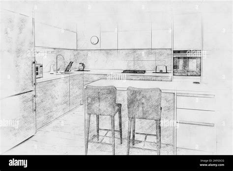 Black And White Pencil Scetch Digital Art Of Modern New Kitchen In A