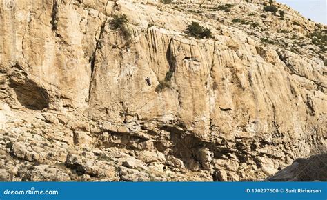 One Rock Climber And One Belayer In Wadi Qelt Nahal Prat Stock Photo Image Of Climbing