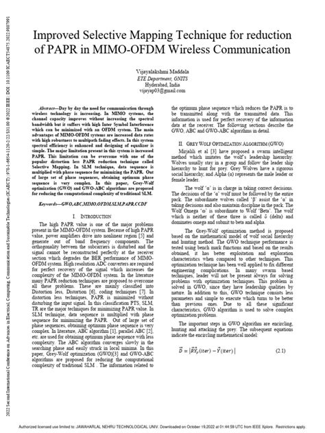 Improved Selective Mapping Technique For Reduction Of Papr In Mimo Ofdm Wireless Communication